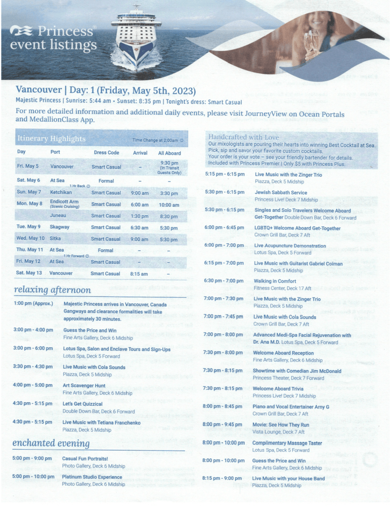 Daily programs on Majestic Princess – The Chill Cruiser