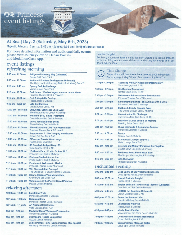 Daily programs on Majestic Princess – The Chill Cruiser