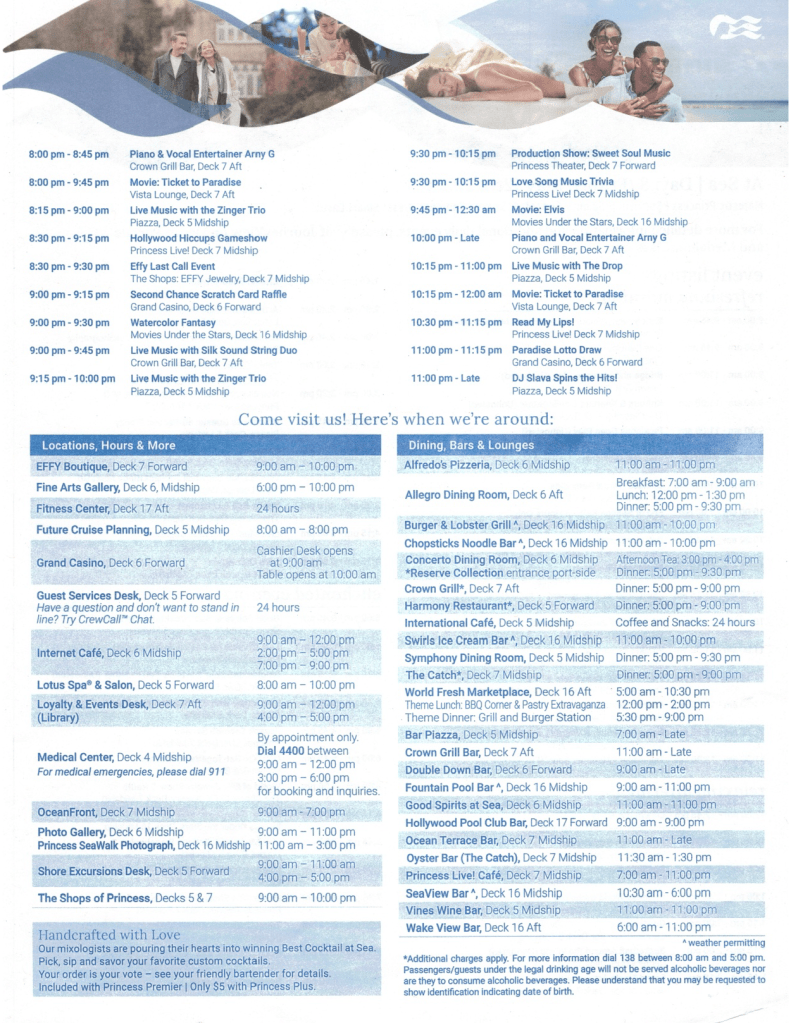 Daily programs on Majestic Princess – The Chill Cruiser