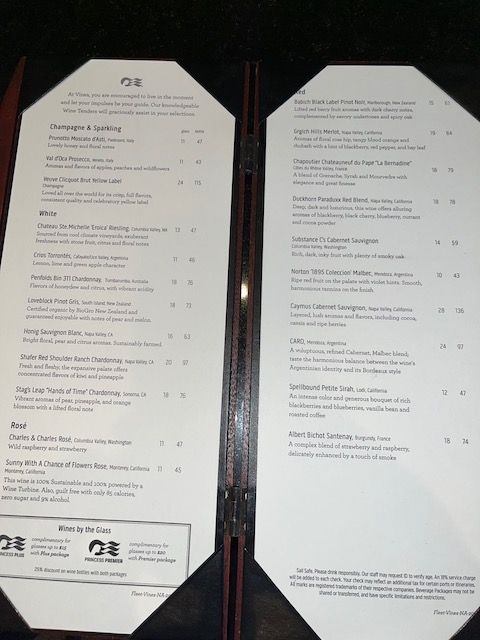 Drink menus on Majestic Princess – The Chill Cruiser