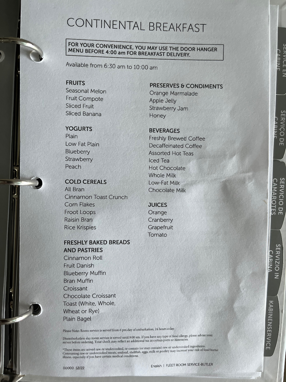 Room service menus on Norwegian Joy (including The Haven) – The Chill ...