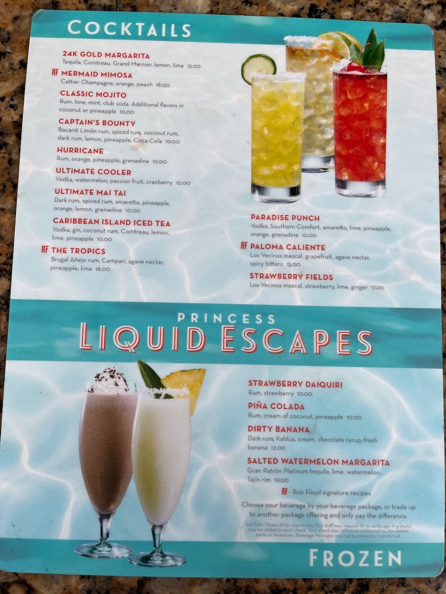 Bar menus on Caribbean Princess – The Chill Cruiser