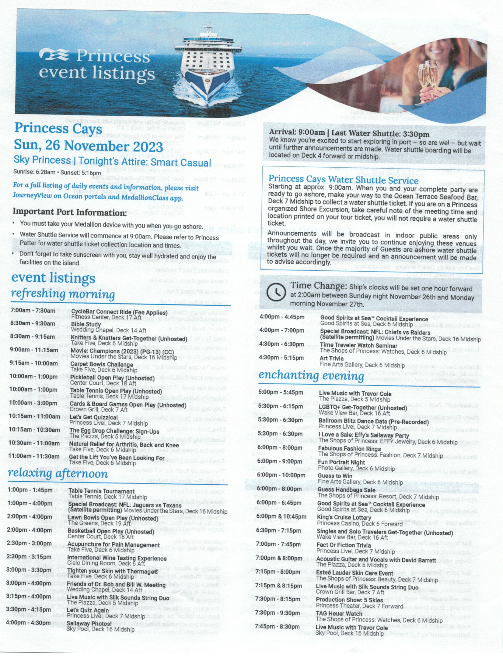 Daily programs on Sky Princess – The Chill Cruiser